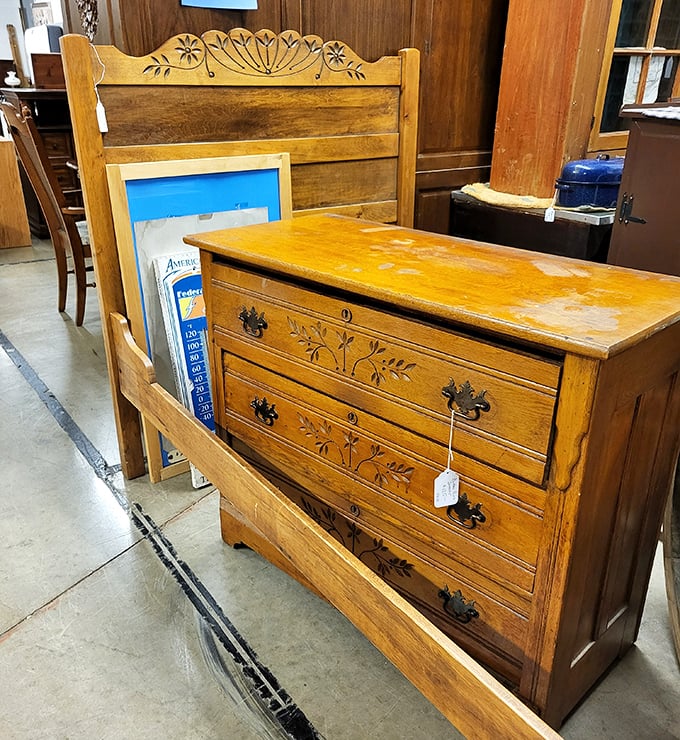 This oak dresser with hand-carved details has witnessed more morning routines than most marriage counselors. Solid craftsmanship that's outlived several trends.