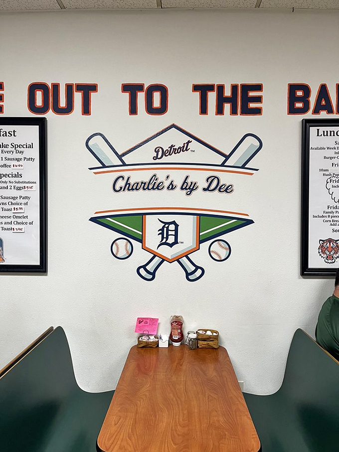 A closer look at the Detroit Tigers-inspired wall art reveals Charlie's connection to America's pastime. Breakfast and baseball&mdash;perfect together.