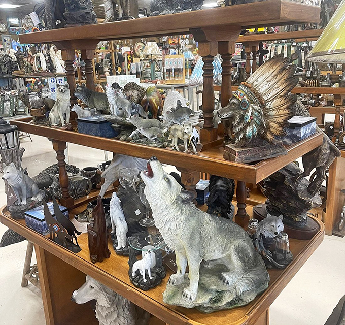 Wolf statues howl silently among a menagerie of wildlife figurines. The perfect desk companion for when you need to channel your inner desert spirit.