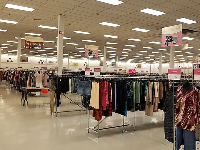 Women's clothing sections that seem to go on forever, organized better than most people's actual closets.