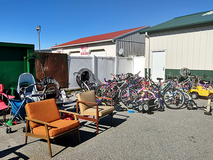 The outdoor furniture lineup looks like a waiting room for patio pieces hoping to be invited to their next backyard gathering.
