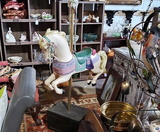 This carousel horse isn't just decoration&mdash;it's childhood nostalgia on a pole. Someone's grandkid is about to have the coolest bedroom in Georgia.