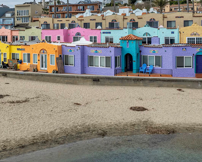 Those rainbow-colored beach houses make every day feel like a California vacation commercial.