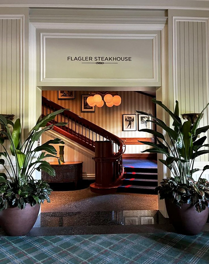 That curved staircase at Flagler isn't just an entrance&mdash;it's a red carpet for your taste buds. The potted plants stand guard like bouncers at beef paradise.
