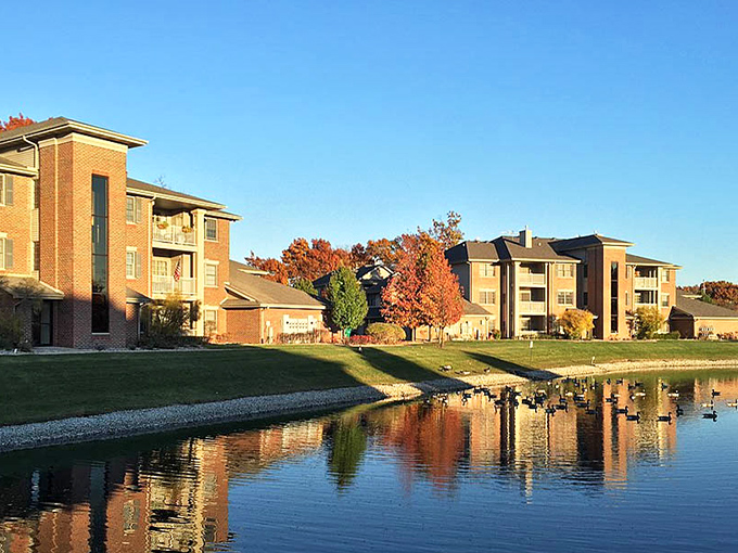 Suburban serenity reflected in still waters, where modern living meets natural beauty in perfect harmony.