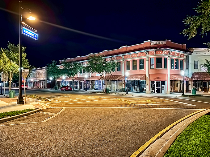 Sebring after dark&mdash;where those peachy buildings glow like they've been marinating in Florida sunsets for decades.