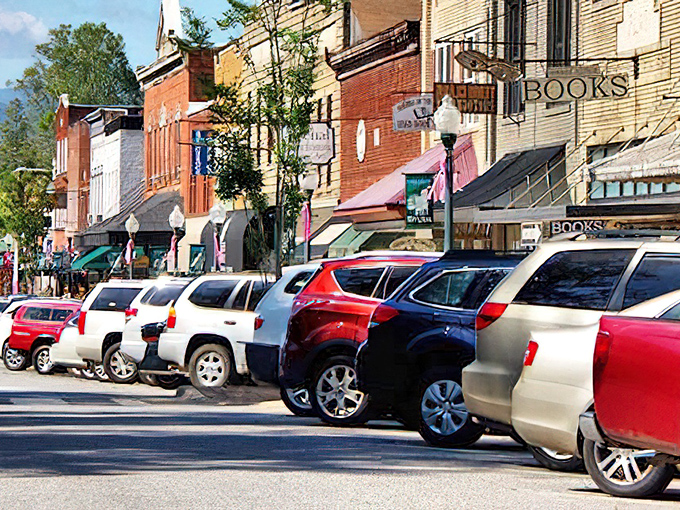 Sylva&rsquo;s historic Main Street buzzes with local life, framed by classic architecture and small-town charm.