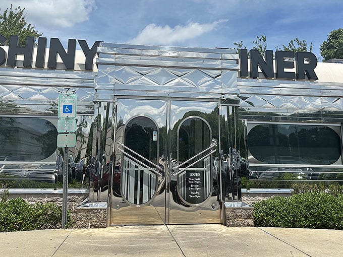 The Shiny Diner gleams like a chrome-plated time machine, ready to transport you to diner heaven.