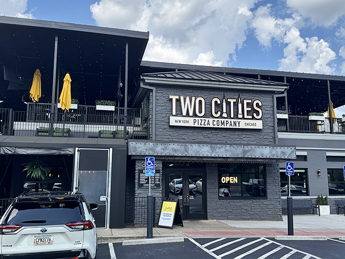 Modern design meets classic comfort where Two Cities bridges New York and Chicago pizza traditions with Georgia hospitality.