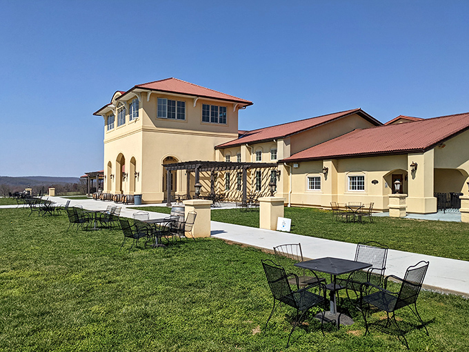 Lush green lawns at Breaux Vineyards invite you to settle into a patio chair for a relaxing afternoon of wine.