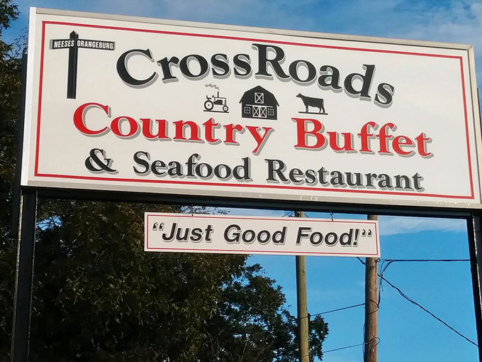 This classic country buffet sign speaks the universal language of hungry diners everywhere &ndash; straightforward goodness awaits within.