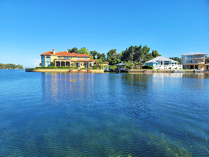 Waterfront mansions line Crystal River's shores, where residents enjoy Florida living at its most picturesque.