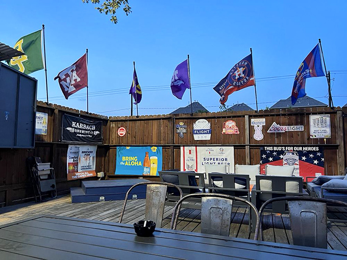Flags and beer signs adorn Texas T's outdoor deck - a patriotic perch for enjoying cold brews and warm Texas evenings.