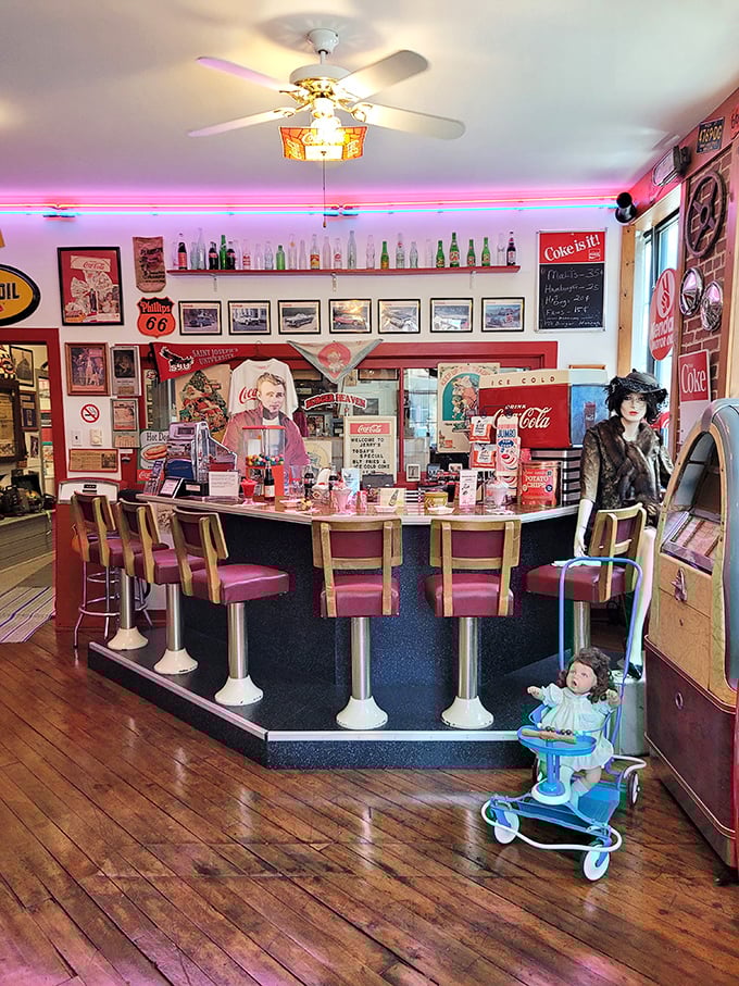 Soda fountain dreams in pink and chrome. Pull up a stool and half-expect a roller-skating waitress to take your order for a malted.