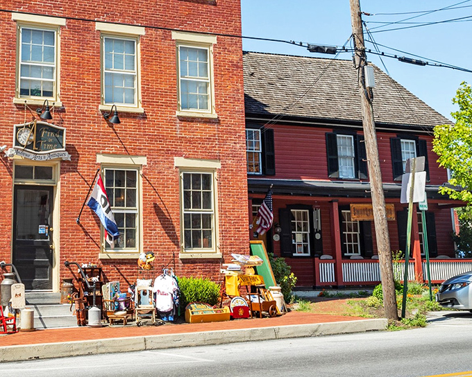 Treasure hunting headquarters: A Find in Time Antiques displays its wares on the sidewalk, tempting passersby with the thrill of discovering someone else's history.