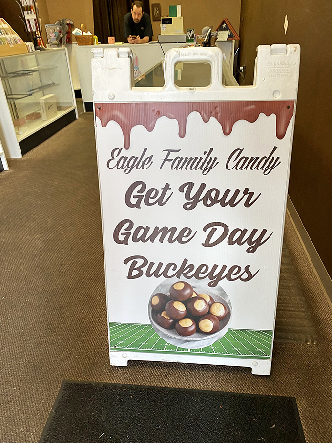 Game Day Buckeyes sign &ndash; because in Ohio, even candy pledges allegiance to the local team. Sweet solidarity at its finest.