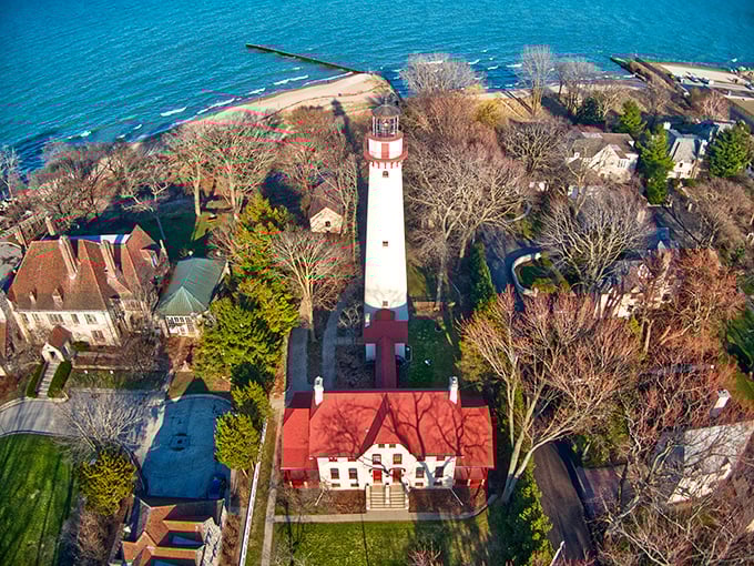 From above, the lighthouse's strategic position becomes clear&mdash;a perfect placement to guide ships along Lake Michigan's sometimes treacherous shoreline.