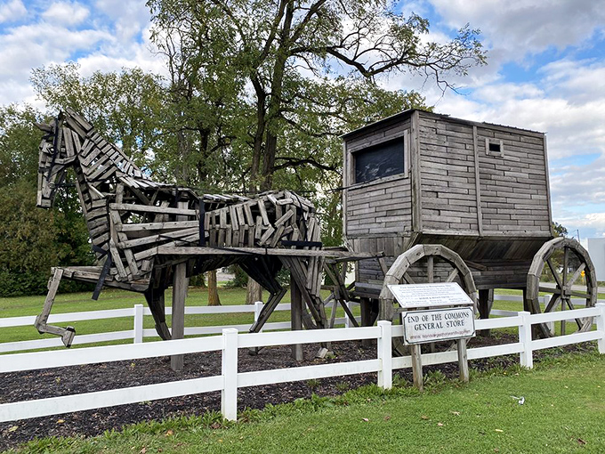 Art that captures the essence of Amish Country. This wooden horse and buggy sculpture stands as a monument to the area's enduring traditions.