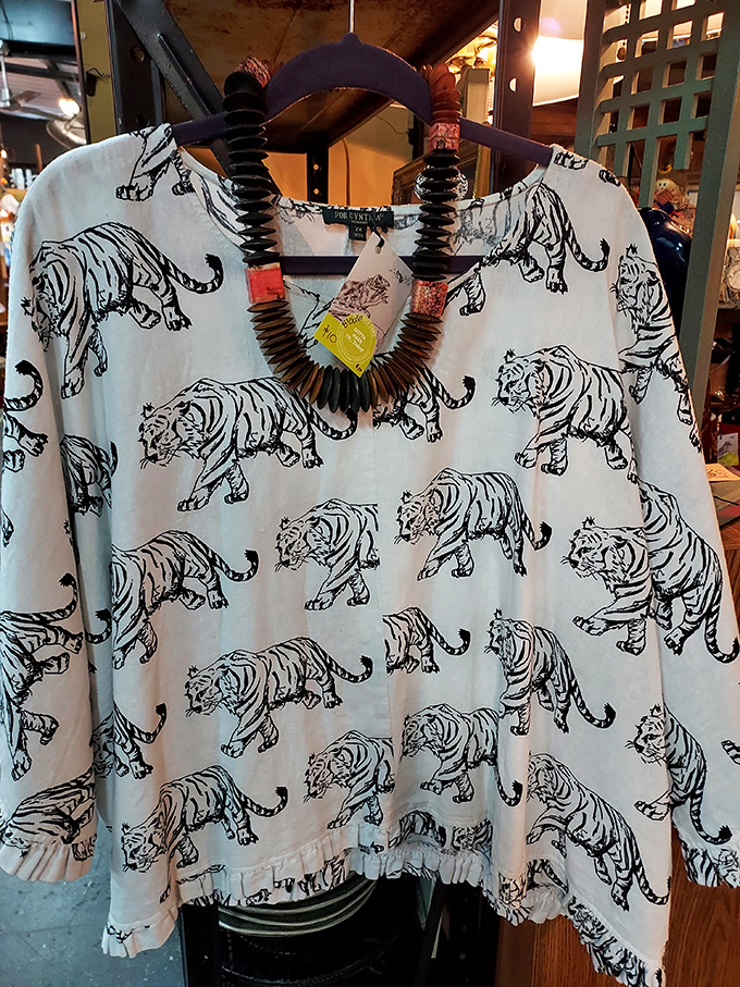 A tiger-print blouse that screams "I'm ready for either a safari or a wild night at the bingo hall." Fashion that roars without apology.