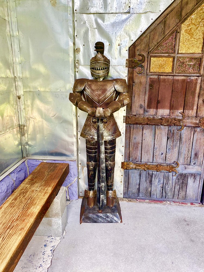 This medieval sentinel, crafted from repurposed materials, demonstrates the castle's blend of artistic vision and resourceful ingenuity.