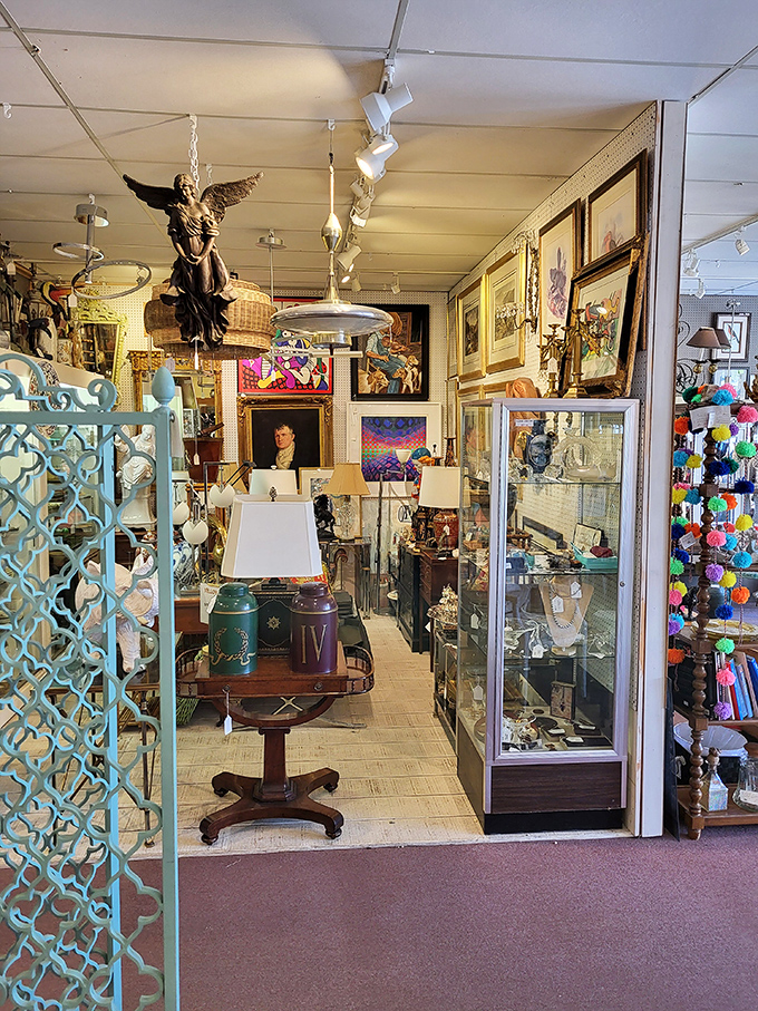 Angels watch over vintage lamps and curated collections. In this corner, heavenly finds await those patient enough to look up.
