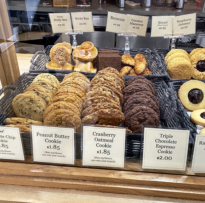 Cookie diplomacy at its finest&mdash;where peanut butter, cranberry oatmeal, and chocolate espresso coexist peacefully behind glass, awaiting your selection.