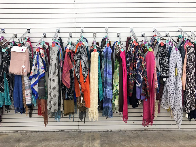 The scarf section explodes with color and pattern&mdash;each one telling the silent story of a vacation souvenir or forgotten gift now seeking new adventures.