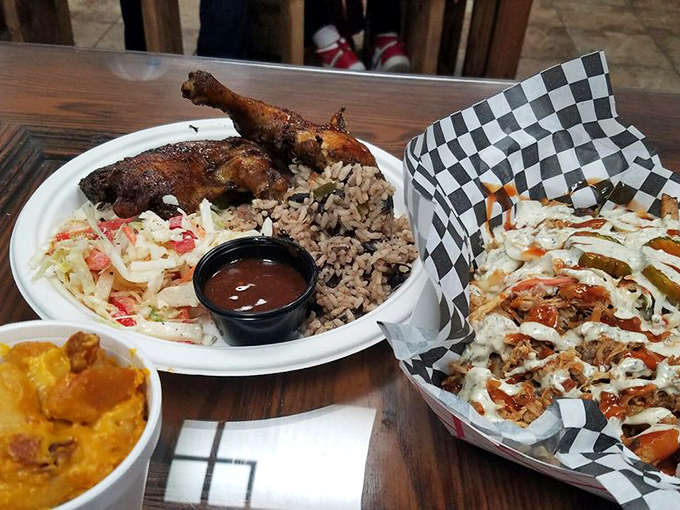 When chicken, rice, and slaw share a plate, it's not just a meal &ndash; it's a committee meeting where everyone agrees on deliciousness.