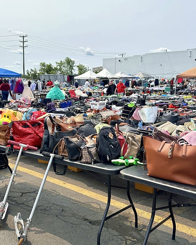 Handbag heaven spreads across tables offering designer dreams at delightfully down-to-earth price points everywhere.