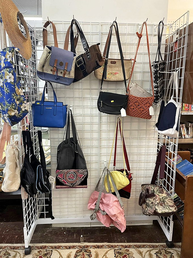 Handbag heaven! Designer lookalikes and genuine finds hang like fashionable fruit, ripe for the picking.