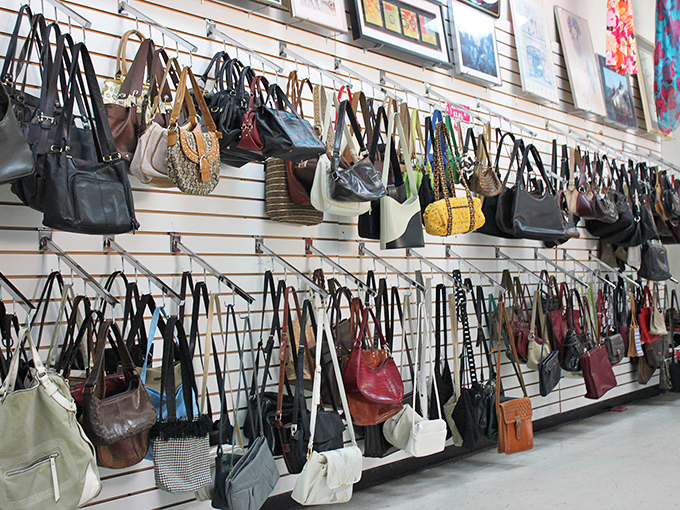 Wall of handbags hanging like possibilities—designer dreams and practical carryalls all waiting for their next shoulder to ride.