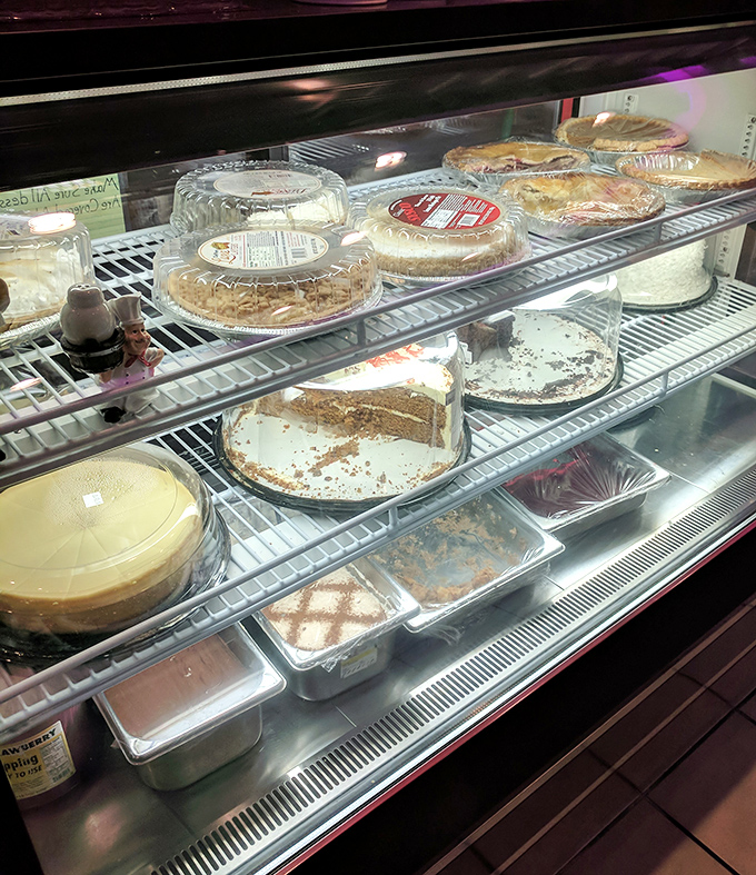 A dessert case displaying homemade treats that tempt you to plan your next visit.
