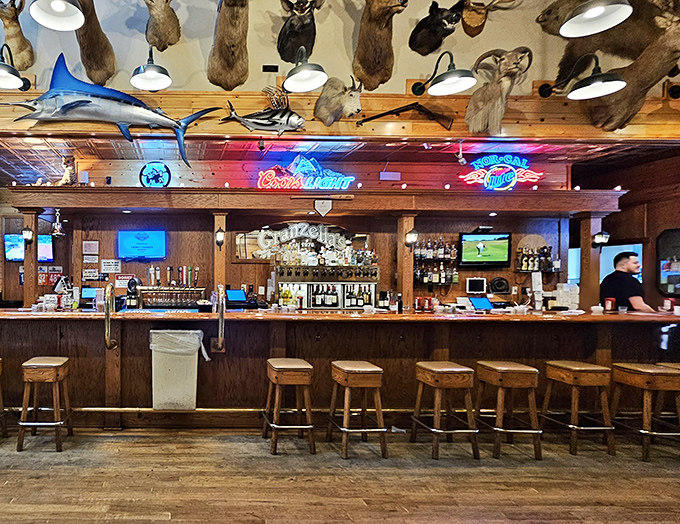 The bar area combines rustic charm with serious beverage selection, perfect for washing down those legendary sandwiches.