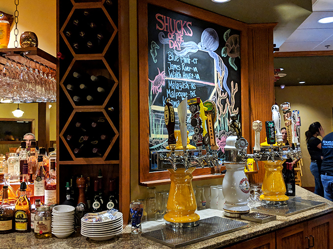 The bar area whispers "stay awhile" with its honeycomb wine storage and chalkboard promising the day's freshest catches&mdash;resistance is futile. 