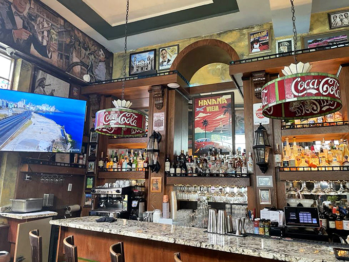 The bar from another view, where Cuban coffee and conversation flow as freely as the Miami sunshine.