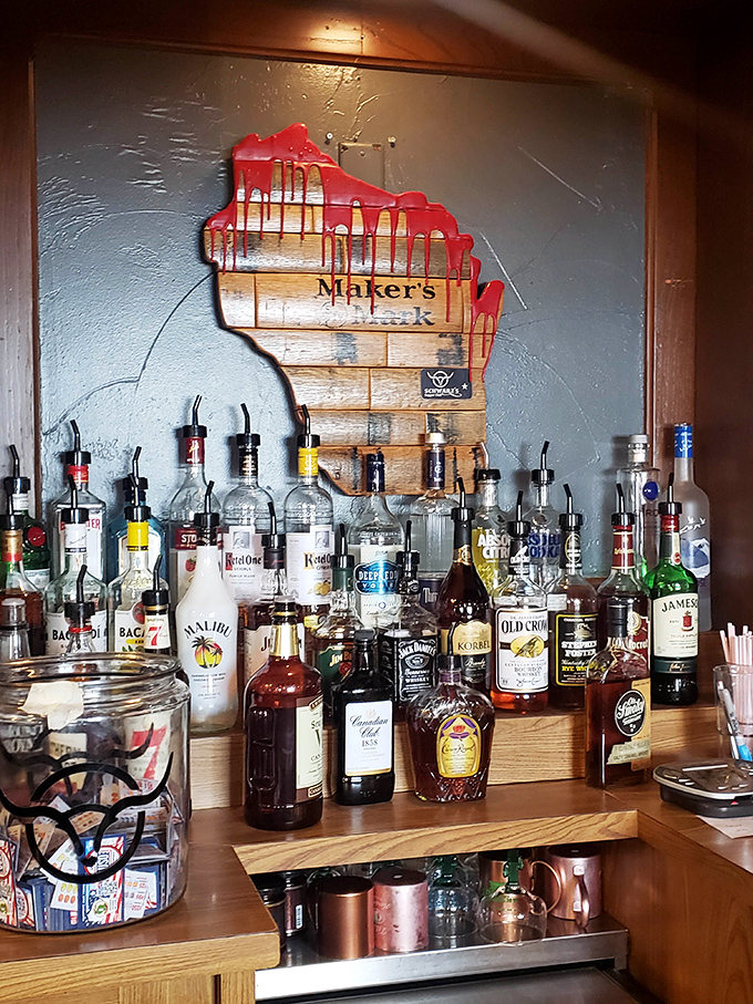 That Wisconsin-shaped liquor display isn't just clever&mdash;it's patriotism, state-style. Nothing says "local pride" like bourbon cascading down your homeland.