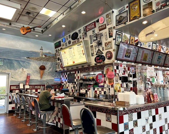 Counter seating—where solo diners become regulars and the wall of memorabilia tells stories even when conversation lulls.