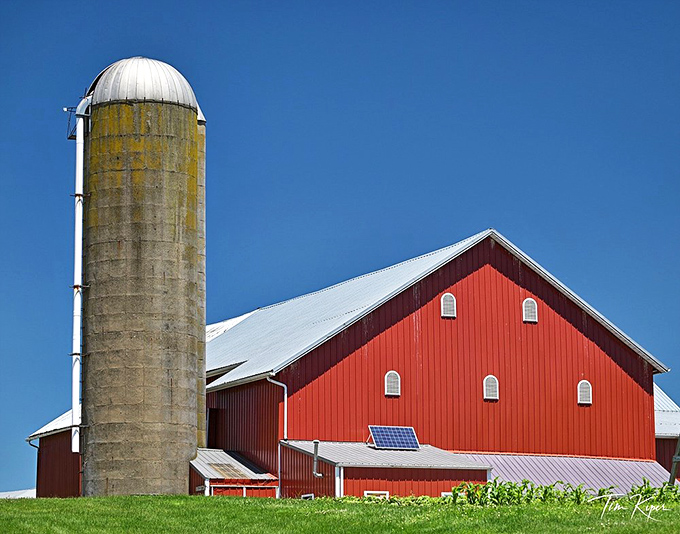 That classic red barn against blue sky combo&mdash;it's like comfort food for your eyes. The solar panel adds a modern plot twist.