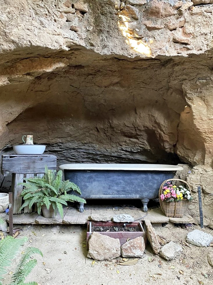 Even bathing went underground&mdash;this vintage tub nestled in its earthy alcove proves luxury can exist anywhere with enough imagination.