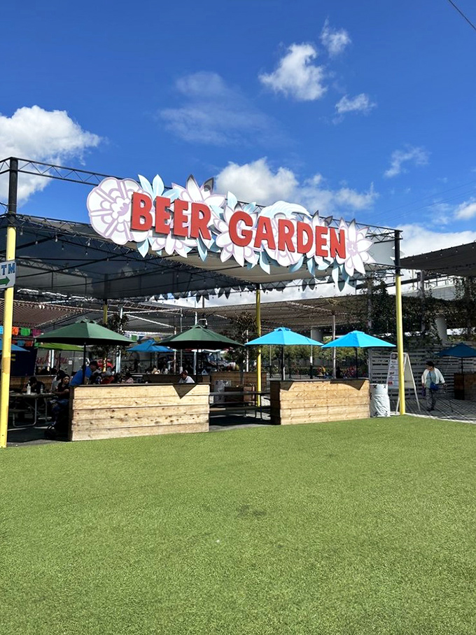 The beer garden offers adult refreshment breaks, because treasure hunting builds up quite an impressive thirst, naturally.
