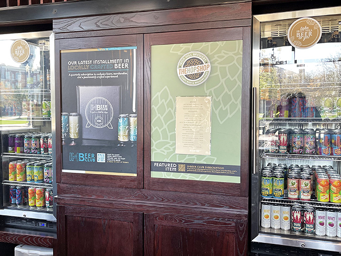 A rainbow of craft beer options stands at attention in the cooler, like a delicious library of hoppy literature waiting to be checked out.