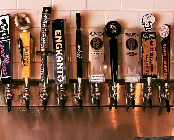 Beer taps lined up like soldiers in the delicious war against sobriety. Each one a gateway to happiness that pairs perfectly with smoky meats.