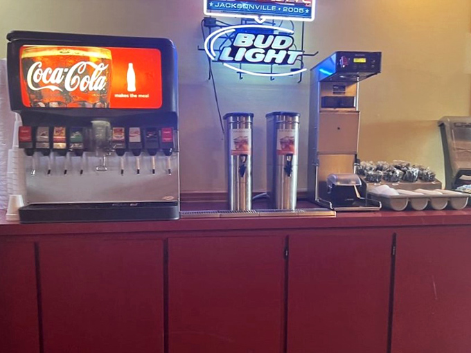 The self-serve drink station – where decisions about ice-to-soda ratios are entirely in your capable hands.