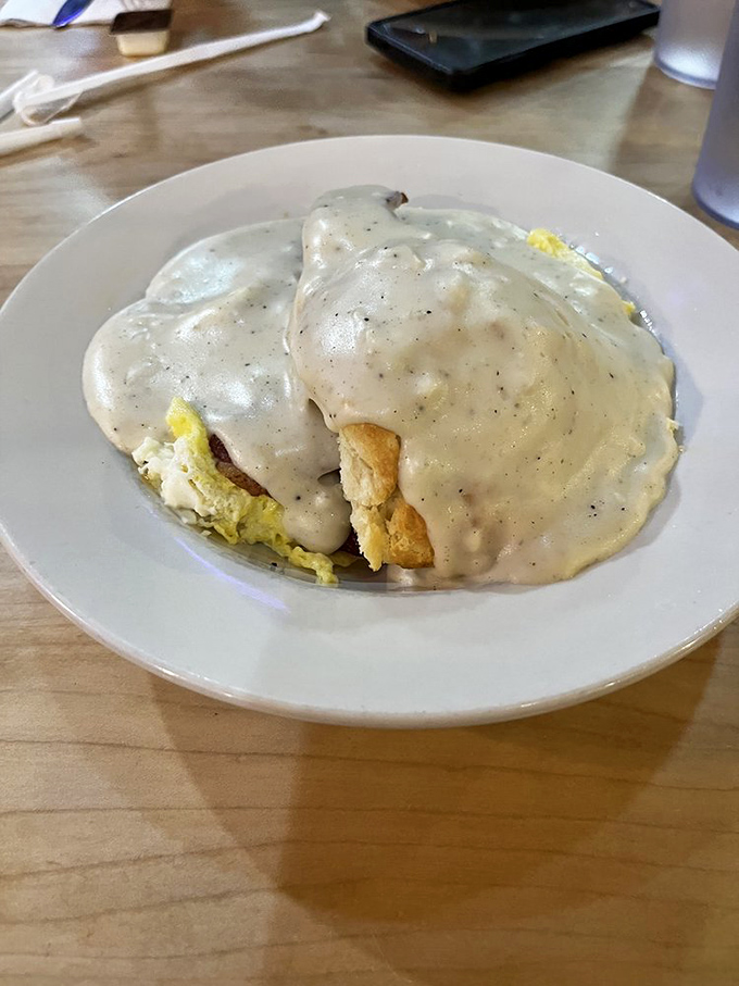 Biscuits drowning in sausage gravy &ndash; comfort food that could cure homesickness and Monday morning blues.