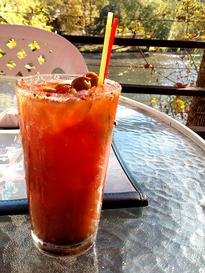 The Bloody Mary with a view&mdash;spicy, savory, and garnished with enough vegetables to count as a side salad. The Rogue River backdrop is complimentary.