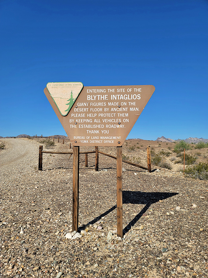 The Blythe Intaglios sign marks one of the area's archaeological treasures, where ancient desert art predates retirement planning by several millennia.