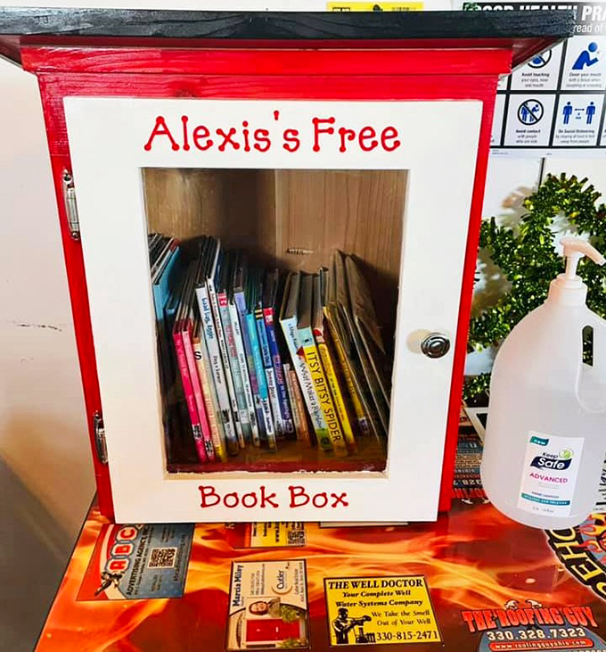 A little free library shows this isn't just a restaurant; it's a community hub where nourishment comes in many forms.