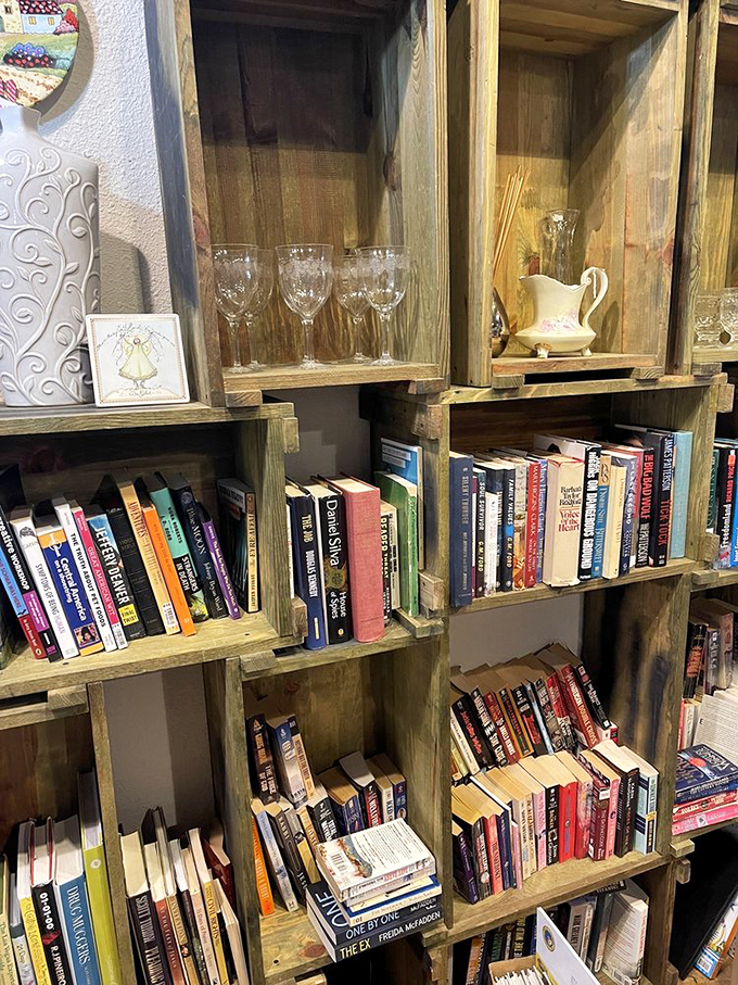 Wooden shelves holding literary journeys waiting to be discovered. From bestsellers to obscure gems, these books offer adventures at pennies per page.
