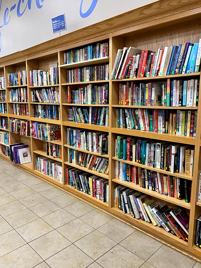 The book section—a literary buffet where dog-eared bestsellers, forgotten classics, and someone's abandoned self-help journey await new readers and fresh perspectives.