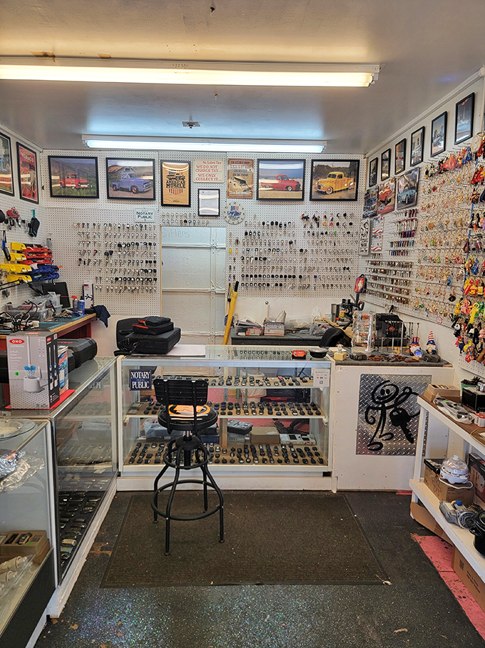 A locksmith's paradise of keys and automotive accessories. The organized chaos speaks to serious collectors and practical shoppers alike.